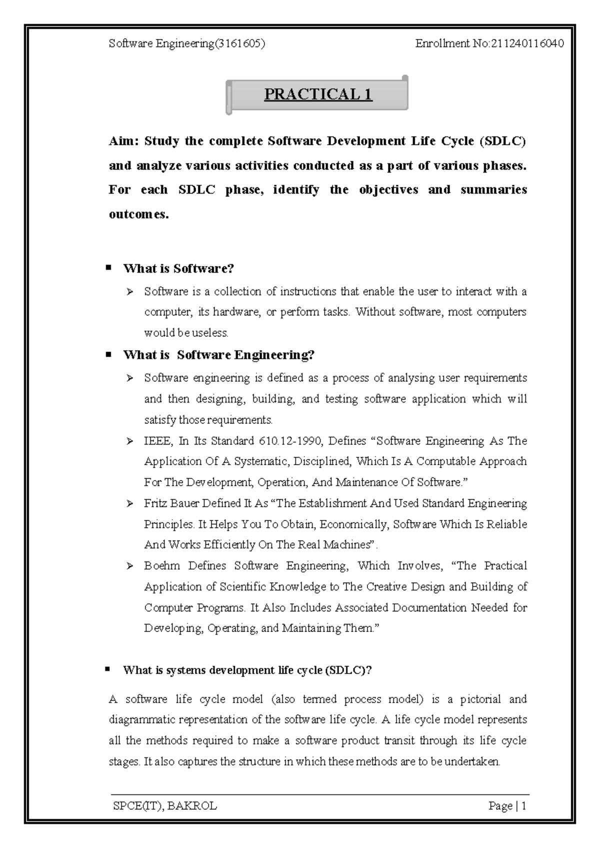 SE Practical 1 - Aim: Study the complete Software Development Life Cycle (SDLC) and analyze ...