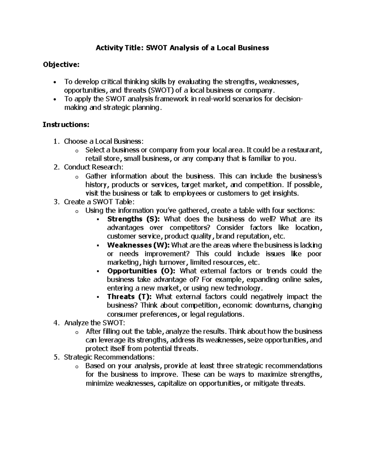 SWOT Analysis Project: Evaluating Local Business Strategy - Studocu