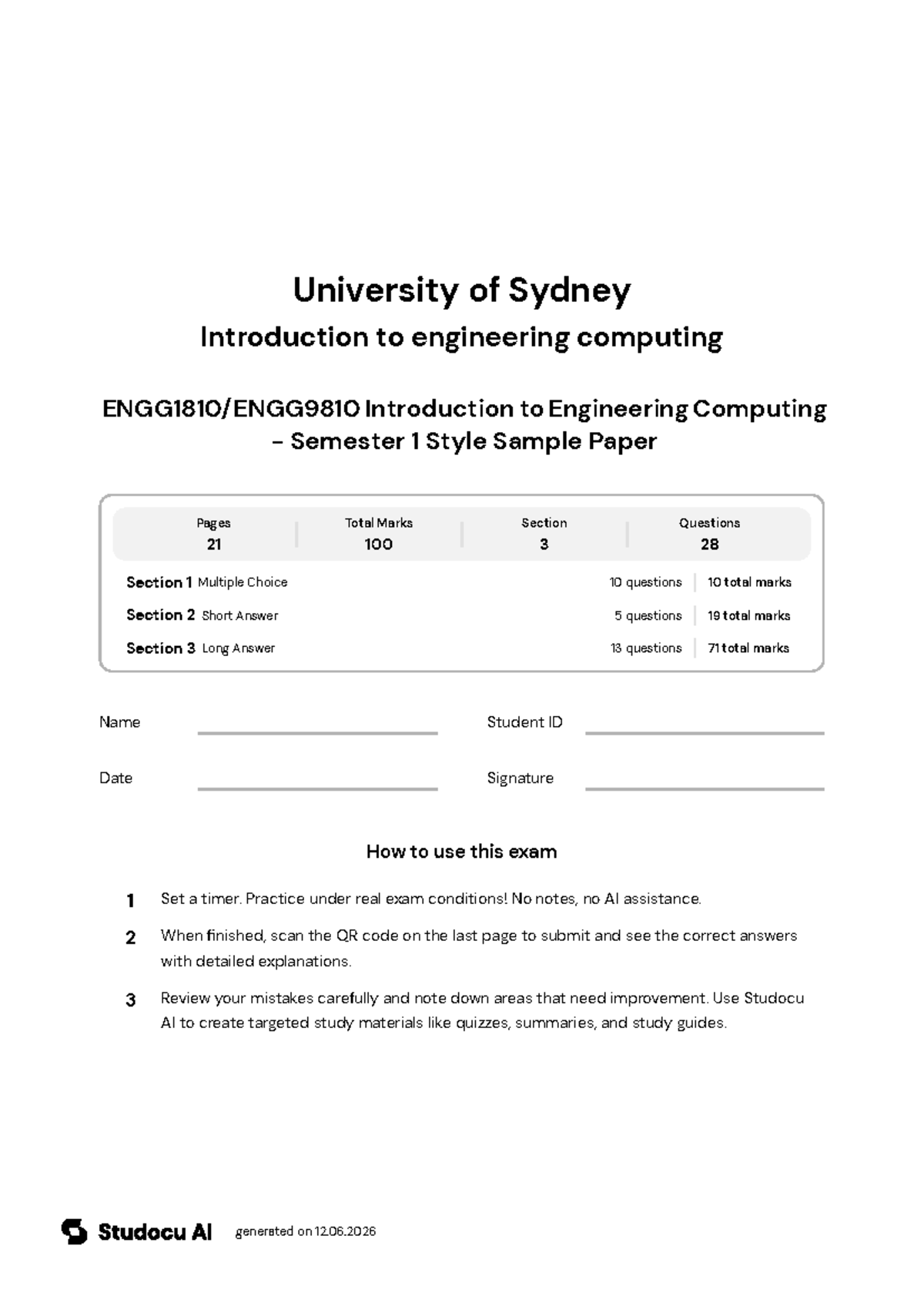 ENGG1810/ENGG9810 Introduction to Engineering Computing - Sample Exam ...