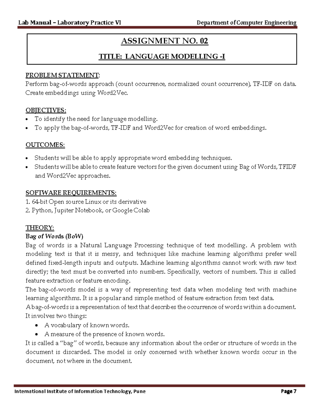 LP-VI NLP LAB Manual - Bag-of-Words, TF-IDF & Word2Vec Techniques - Studocu