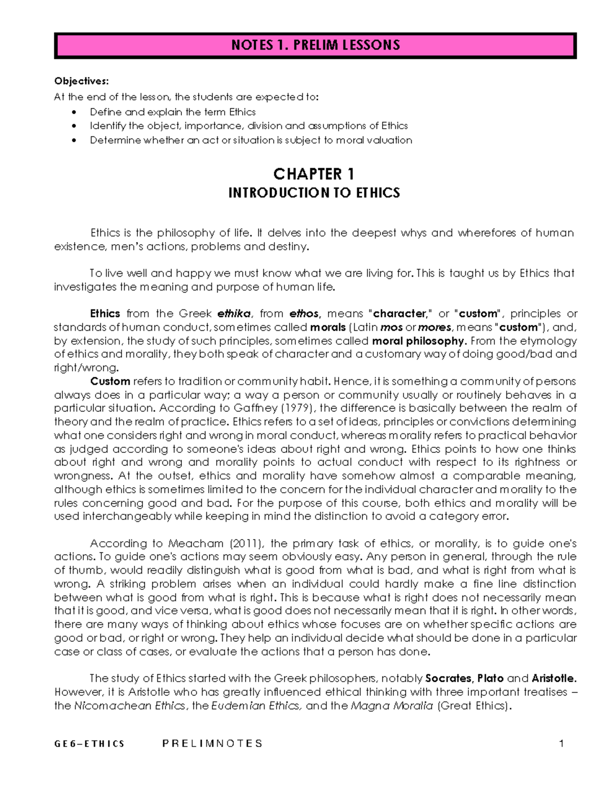 Ethics 101: Prelim Lesson Notes on Morality and Virtue - Studocu