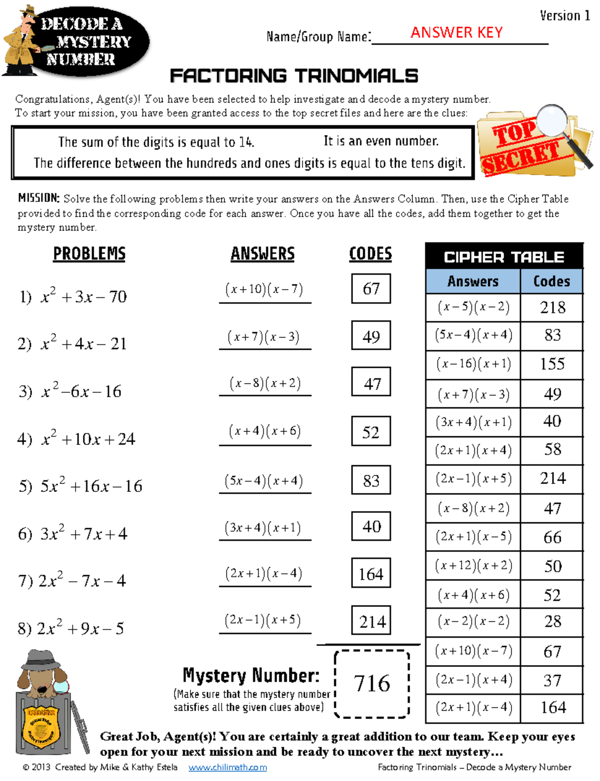 Factoring Trinomials: Mystery Number Answer Key for Math Class - Studocu