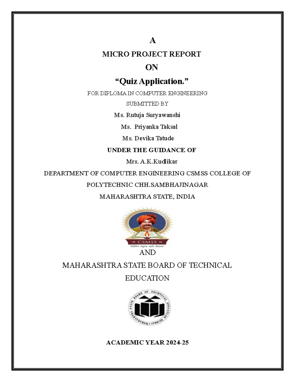 AJPfront - A MICRO PROJECT REPORT ON “Quiz Application.” FOR DIPLOMA IN ...