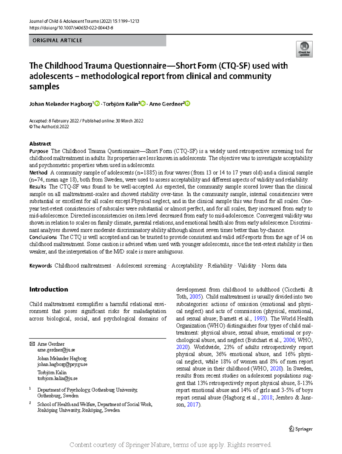 Childhood Trauma Questionnaire - Short Form (CTQ-SF) Study on ...