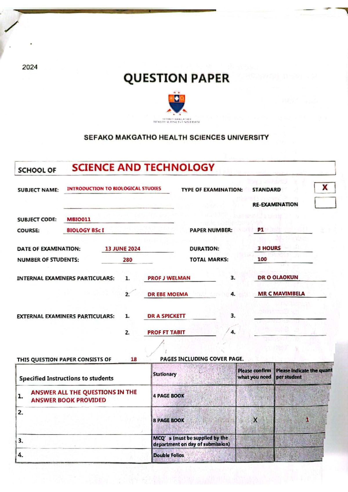 Biology BSc I MBIO011 - 2024 Re-Exam Question Paper - Studocu