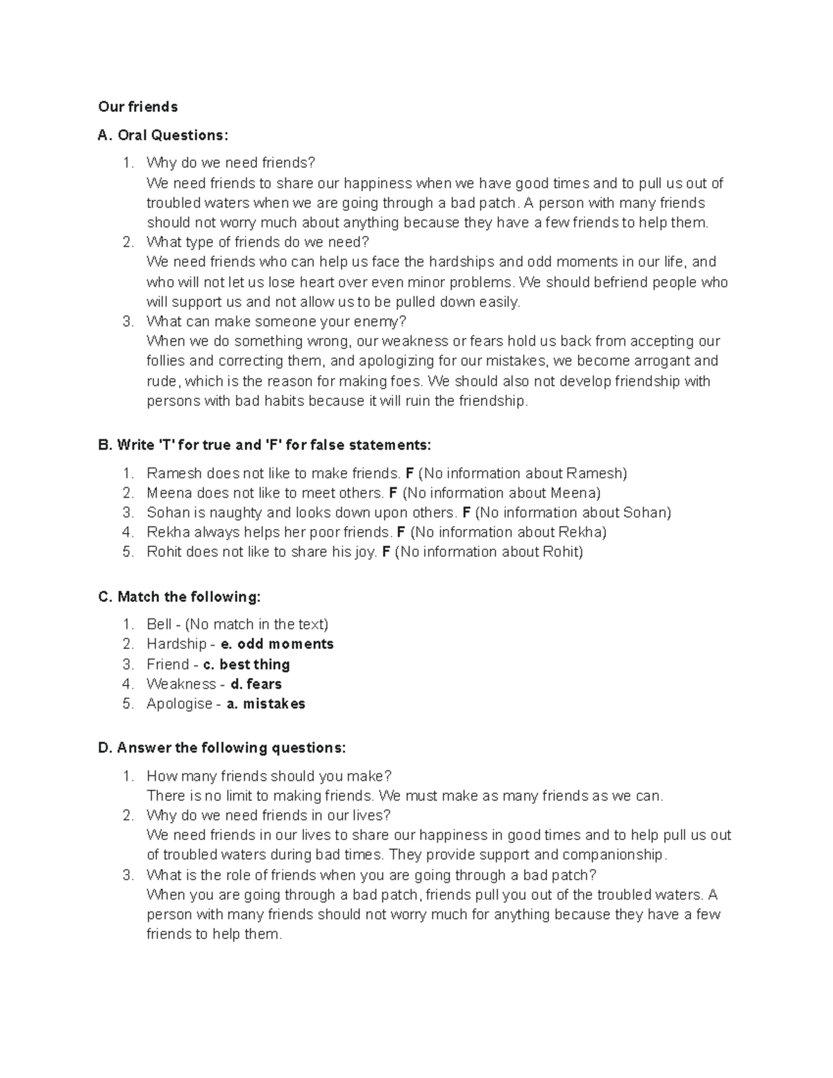 Our Friends - Importance & Role in Life: A Study Guide - Studocu