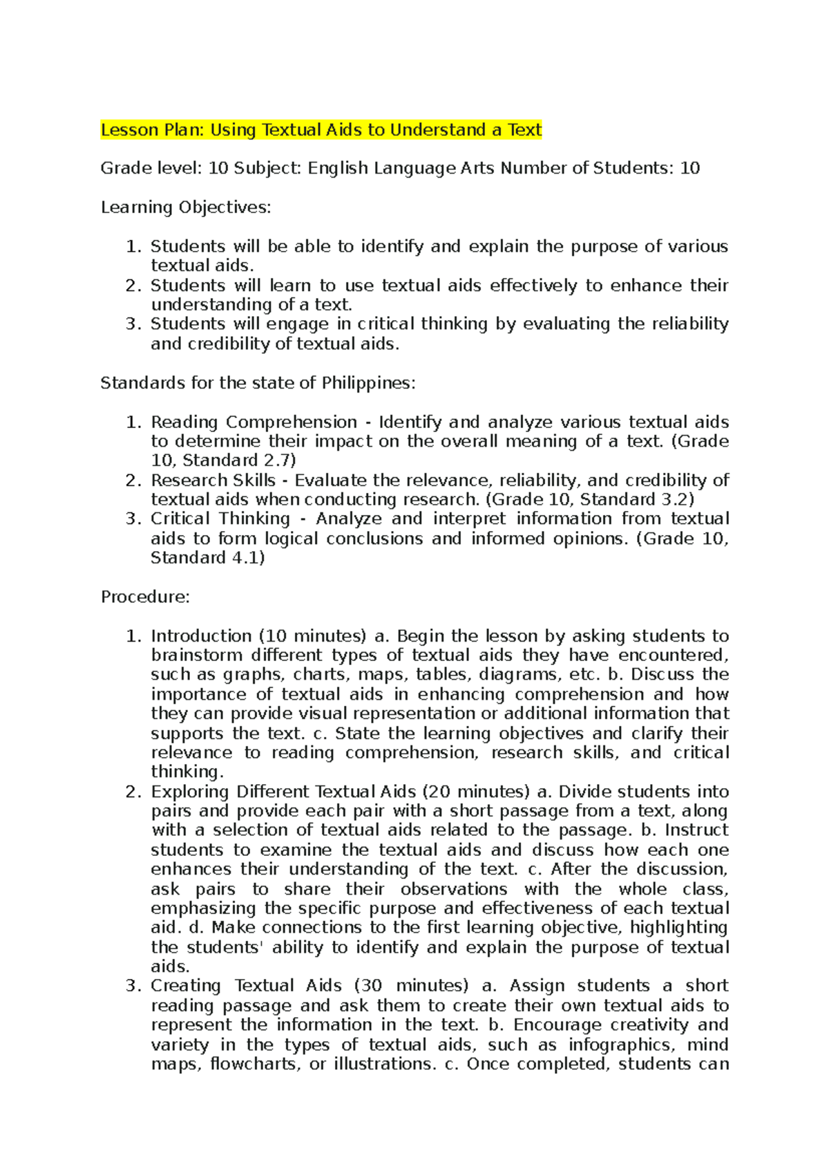 Lesson Plan: Exploring Textual Aids in 10th Grade English - Studocu