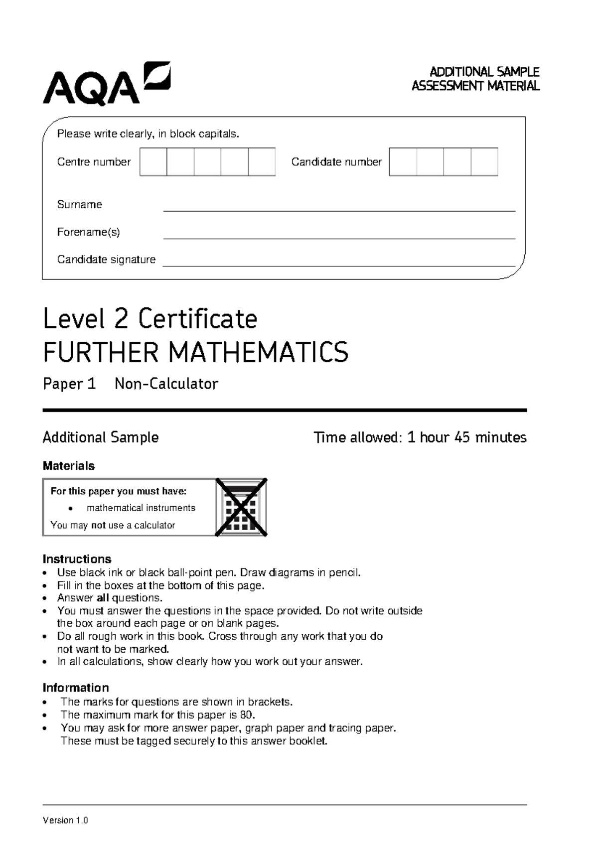 Level 2 Further Mathematics Paper 1: Additional Sample Assessment - Studocu