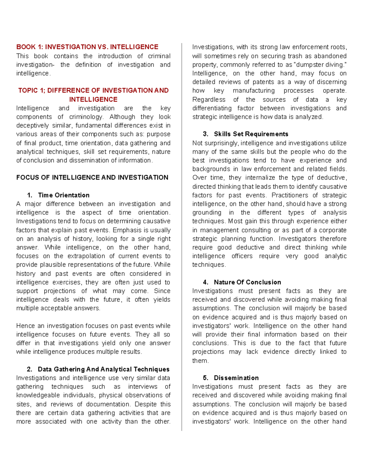 Investigation vs. Intelligence: Key Differences in Criminology - Studocu