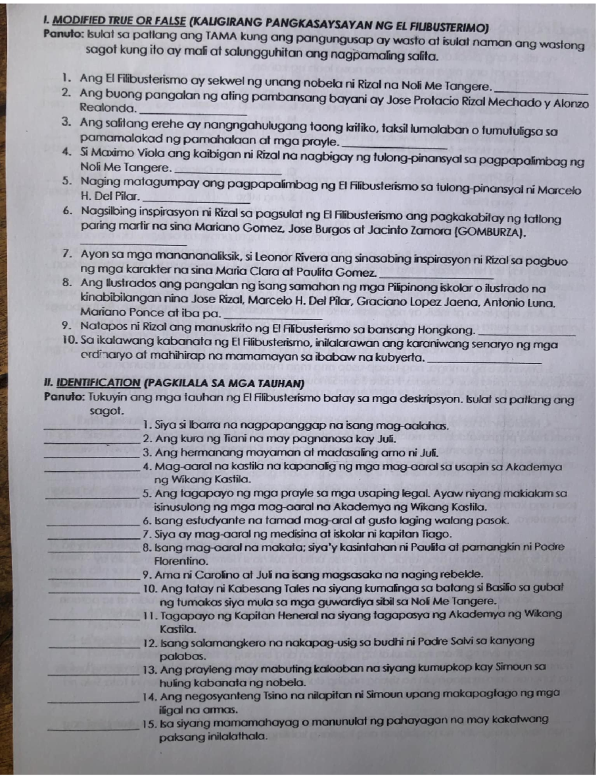 Quiz 3 sa Filipino 10: El Filibusterismo - Modified True or False ...