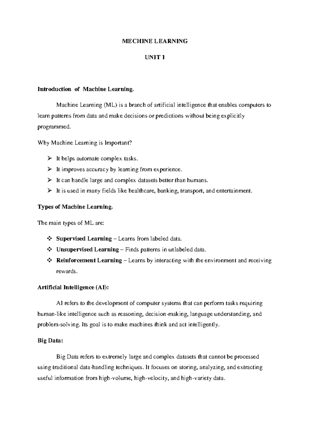 MECHINE LEARNING UNIT 1: Intro to ML Concepts and Techniques - Studocu
