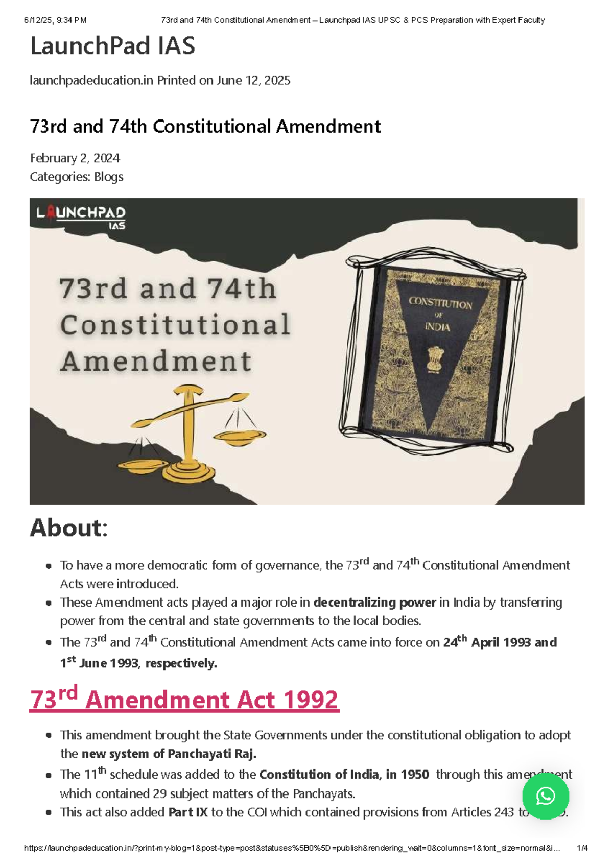 73rd & 74th Constitutional Amendments: IAS UPSC PCS Prep Guide - Studocu