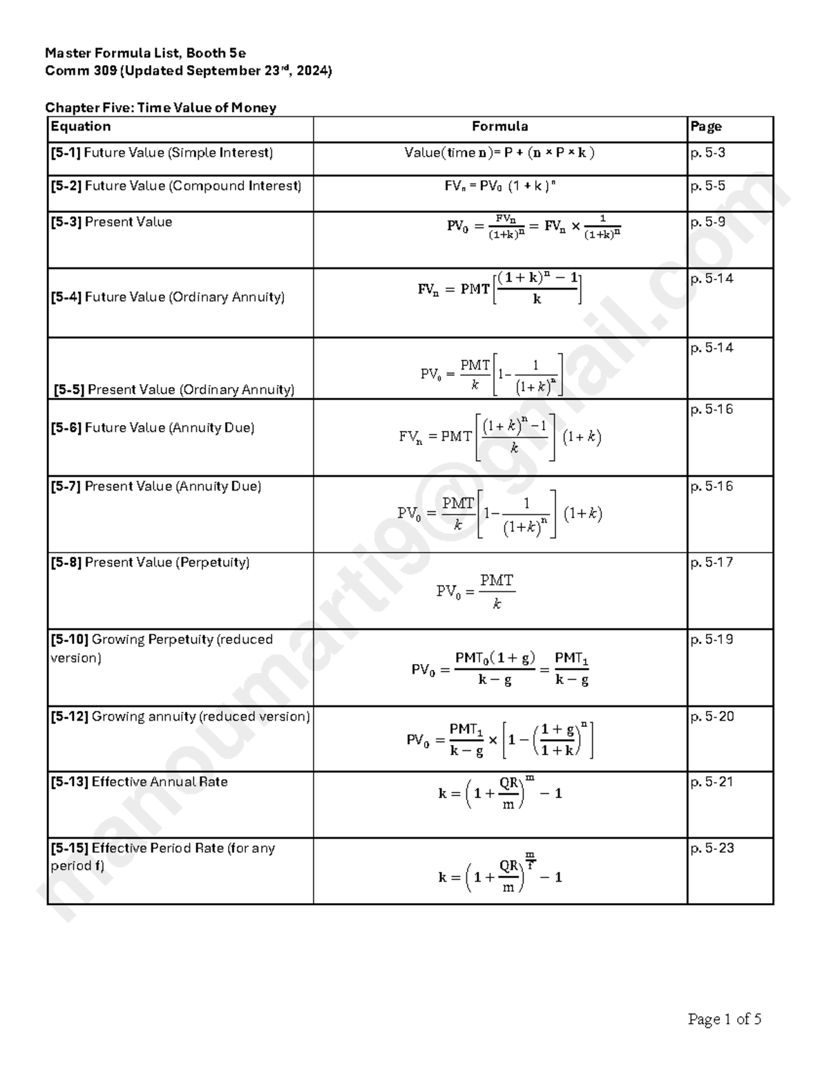 Final Exam Formula Sheet for Booth 5e Comm 309: Time Value of Money ...