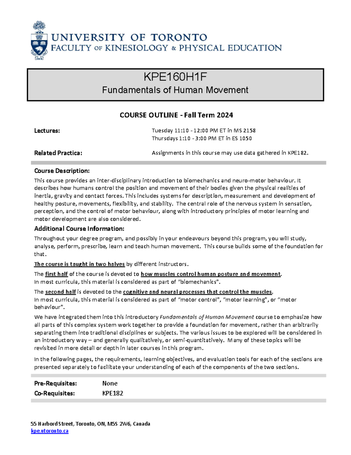 KPE160H1F Fundamentals of Human Movement Course Outline Fall 2024 - Studocu