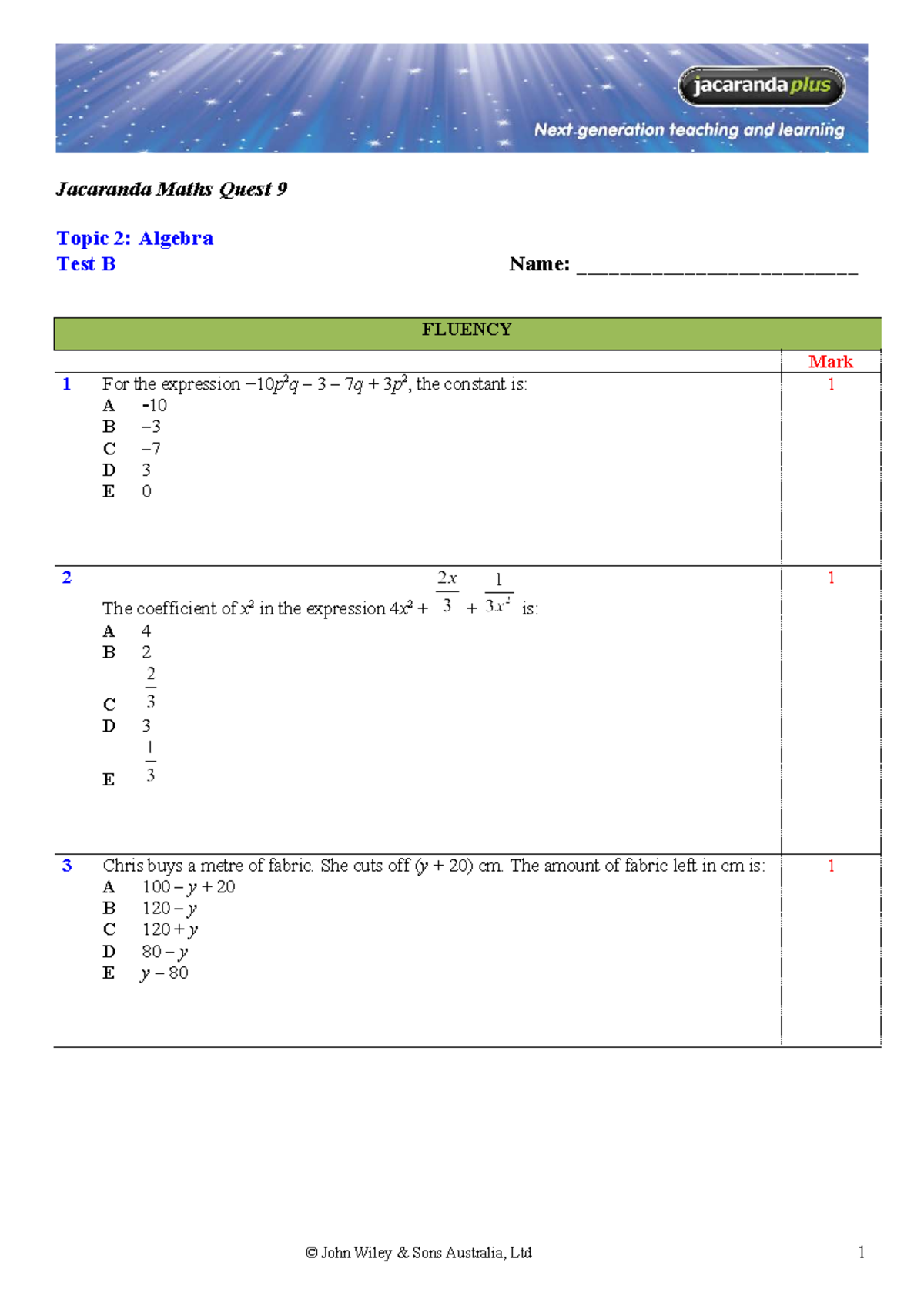 Algebra Practice Test B - Maths Quest 9 Topic 2 - Studocu