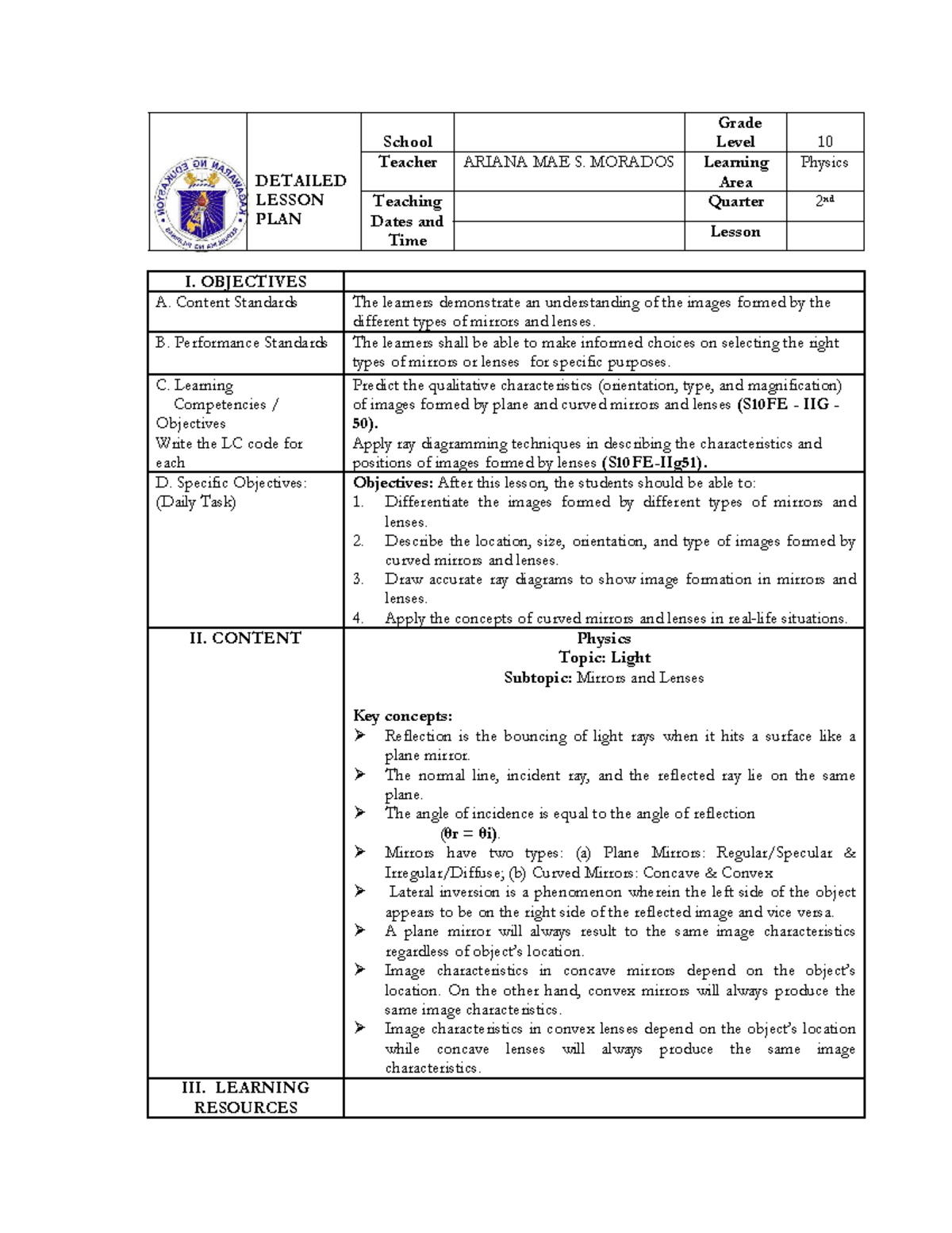 G10 Physics Lesson Plan: Understanding Light, Mirrors & Lenses - Studocu