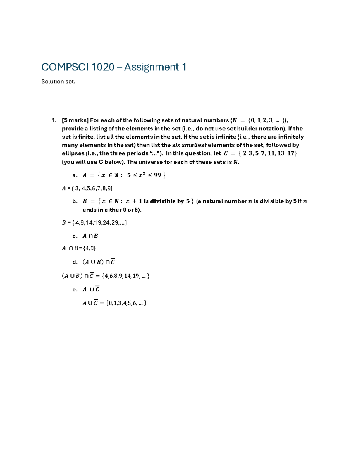 COMPSCI 1020 Assignment 1 Solution Set Analysis - Studocu