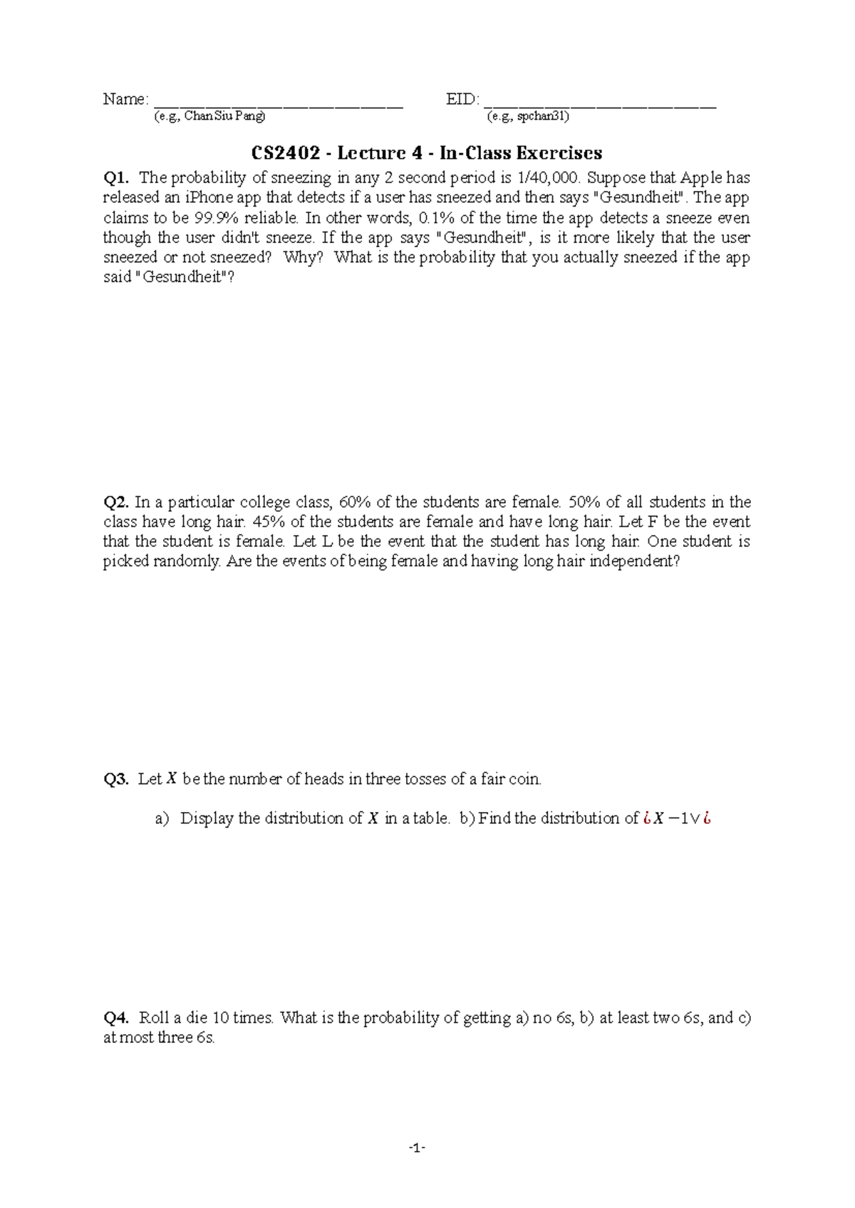 CS2402 Lecture 4 Exercises on Probability and Statistics - Studocu