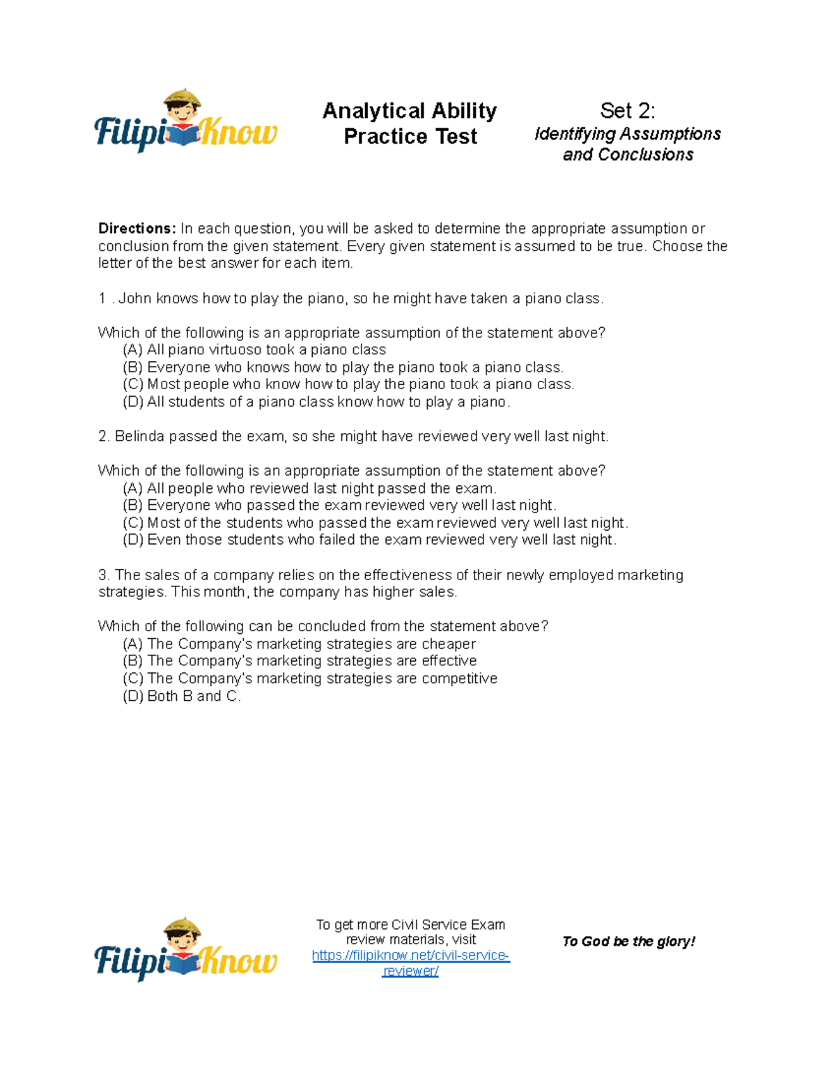 Analytical Ability Practice Test Set 2: Assumptions and Conclusions ...