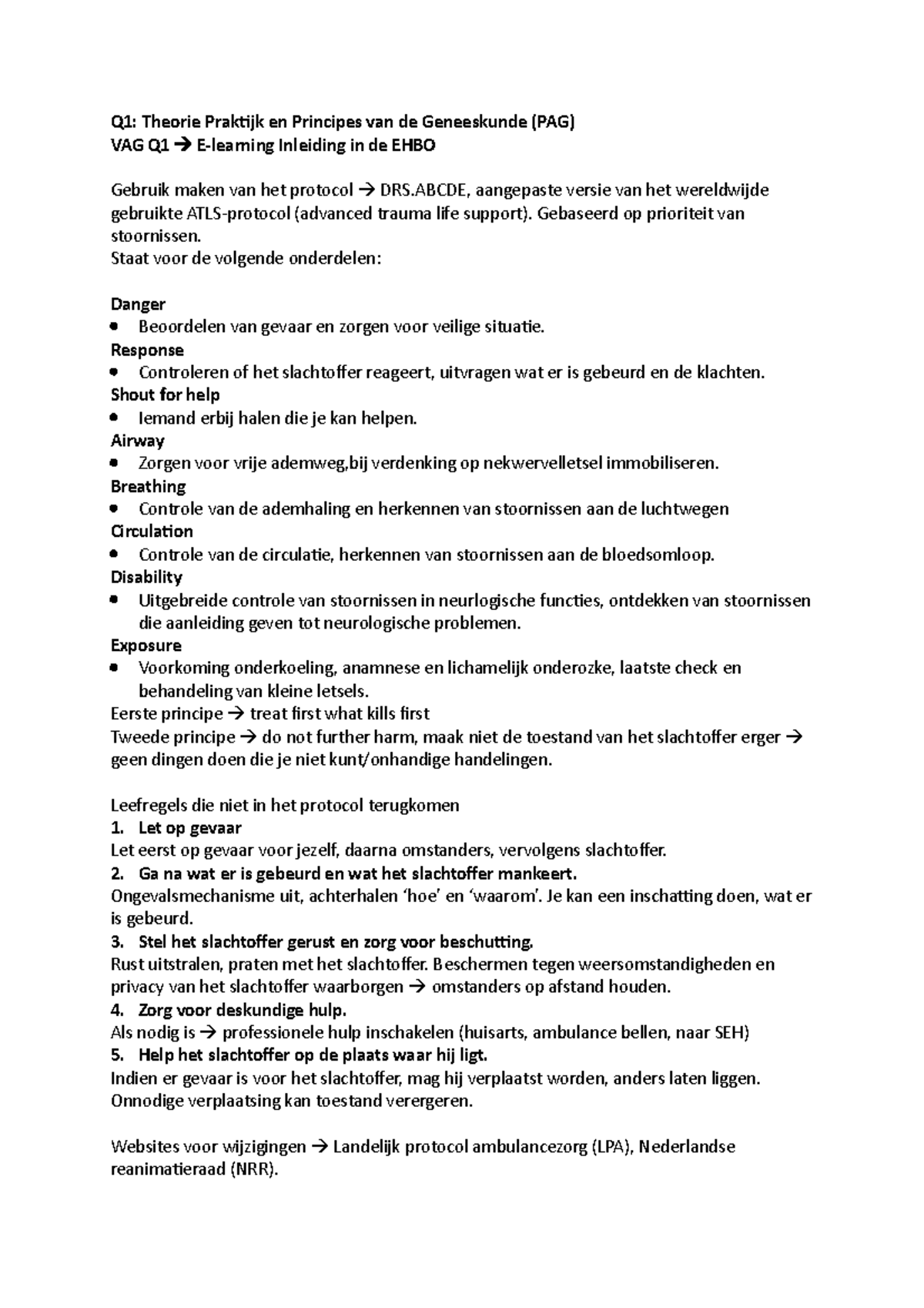 Q1 - Protocollen en Principes van EHBO: DRS.ABCDE Instructies - Studeersnel