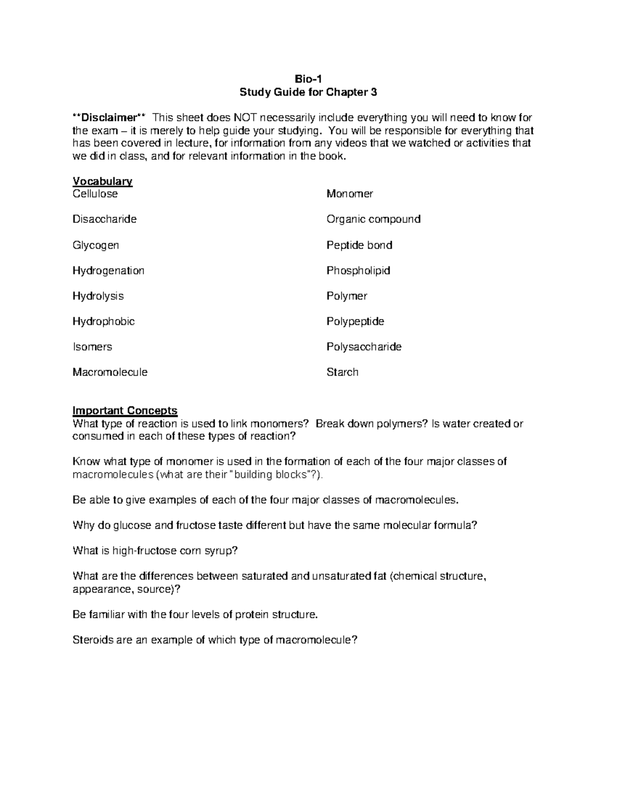 Bio-1 Exam Study Guide: Key Concepts for Chapter 3 - Studocu