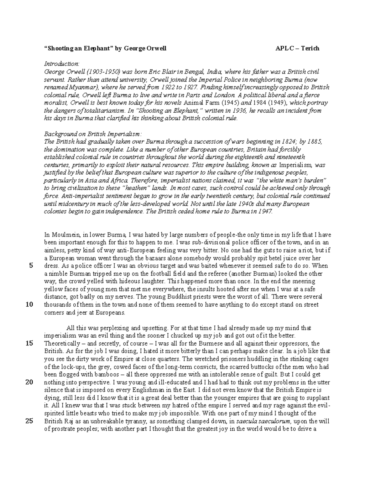APLC 101 Essay Notes: Analyzing George Orwell's "Shooting an Elephant ...