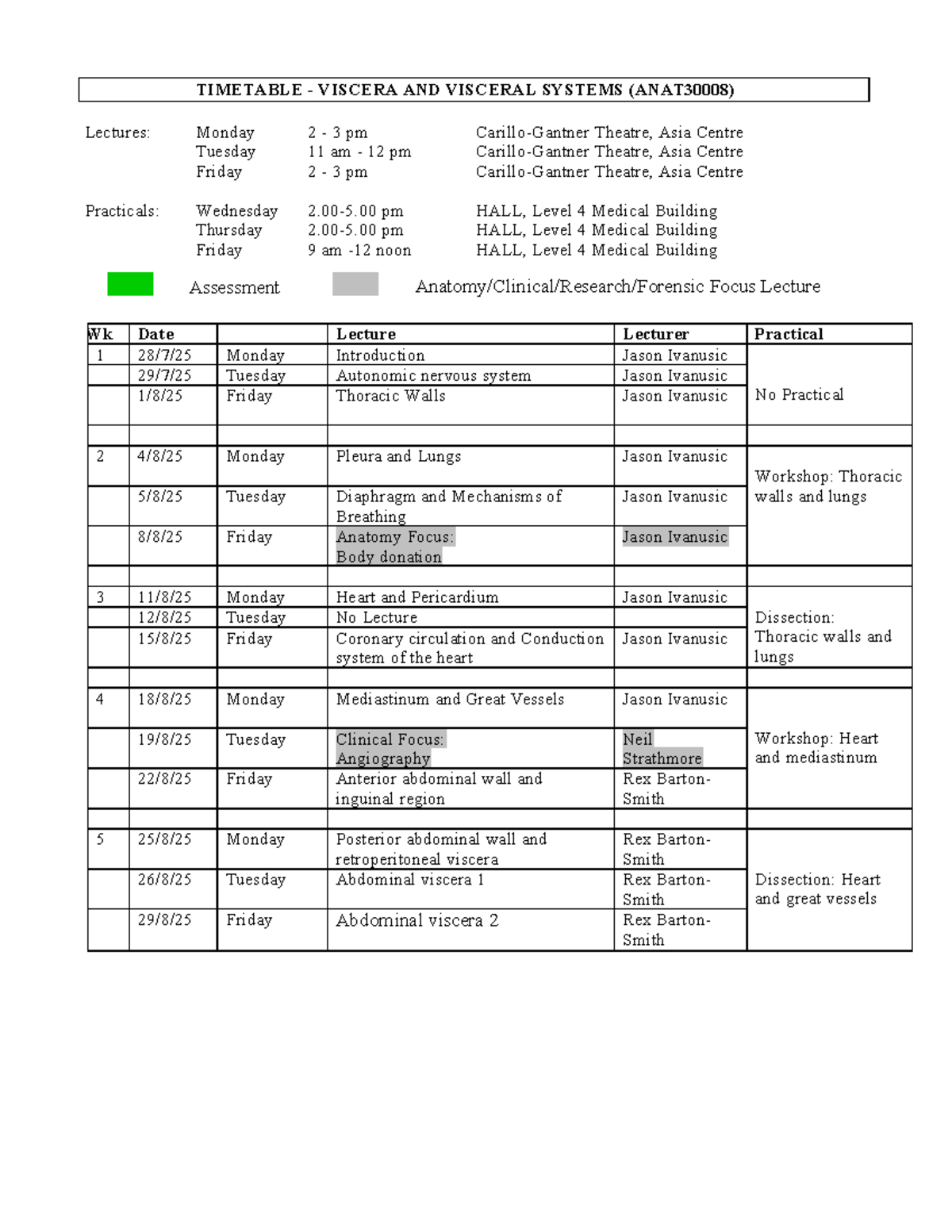 ANAT30008 Timetable 2025: Viscera & Visceral Systems Lectures - Studocu