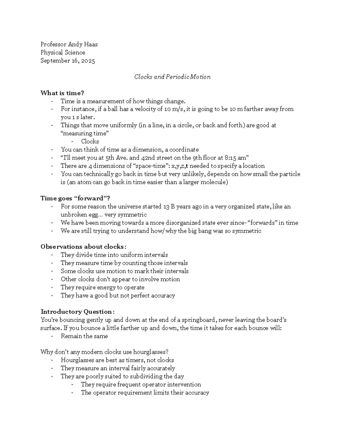 Clocks and Periodic Motion in Physical Science (PSC 101) Lecture Notes ...