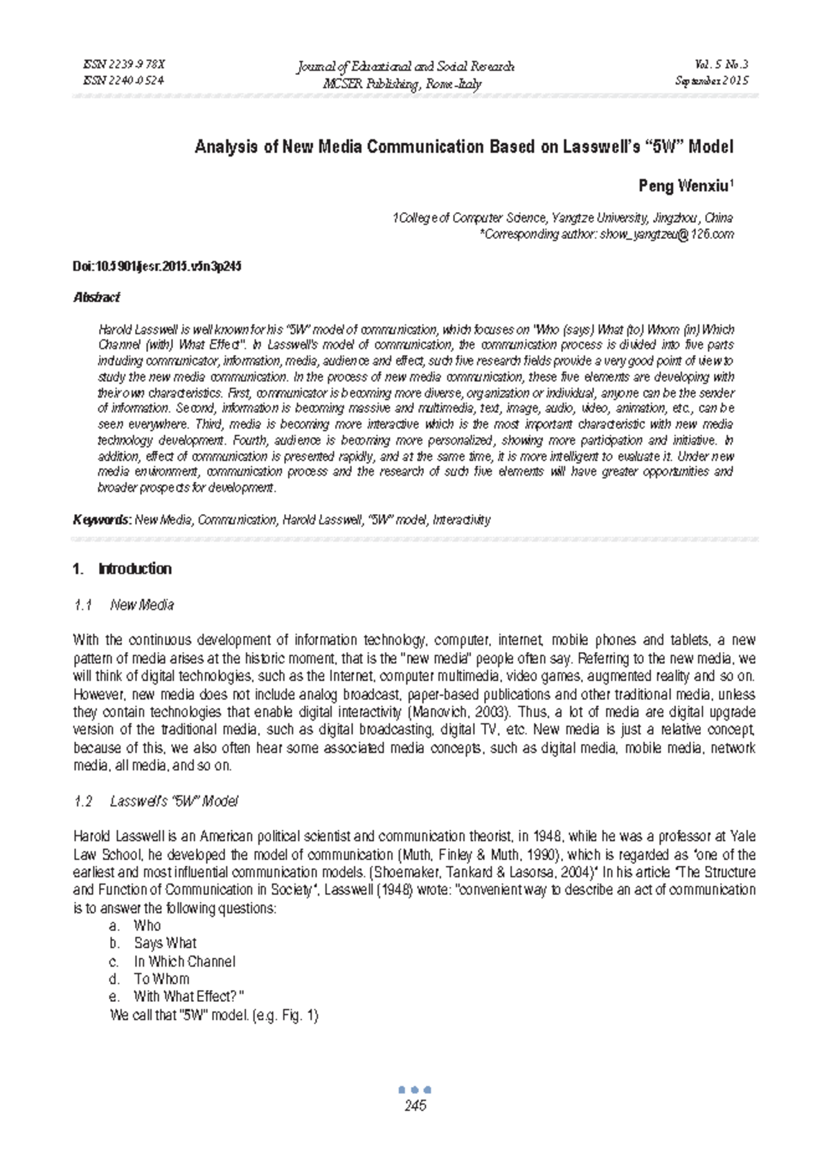 Lasswell's "5W" Model: Analyzing New Media Communication - Studocu