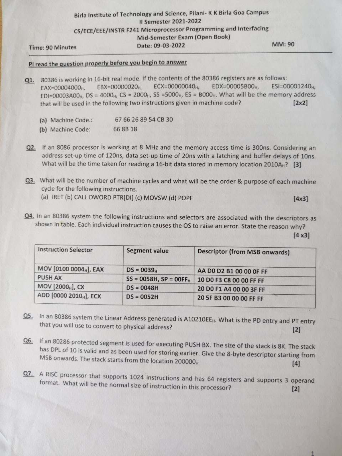 MUP F241 Microprocessor Programming & Interfacing Midsem Exam - Studocu