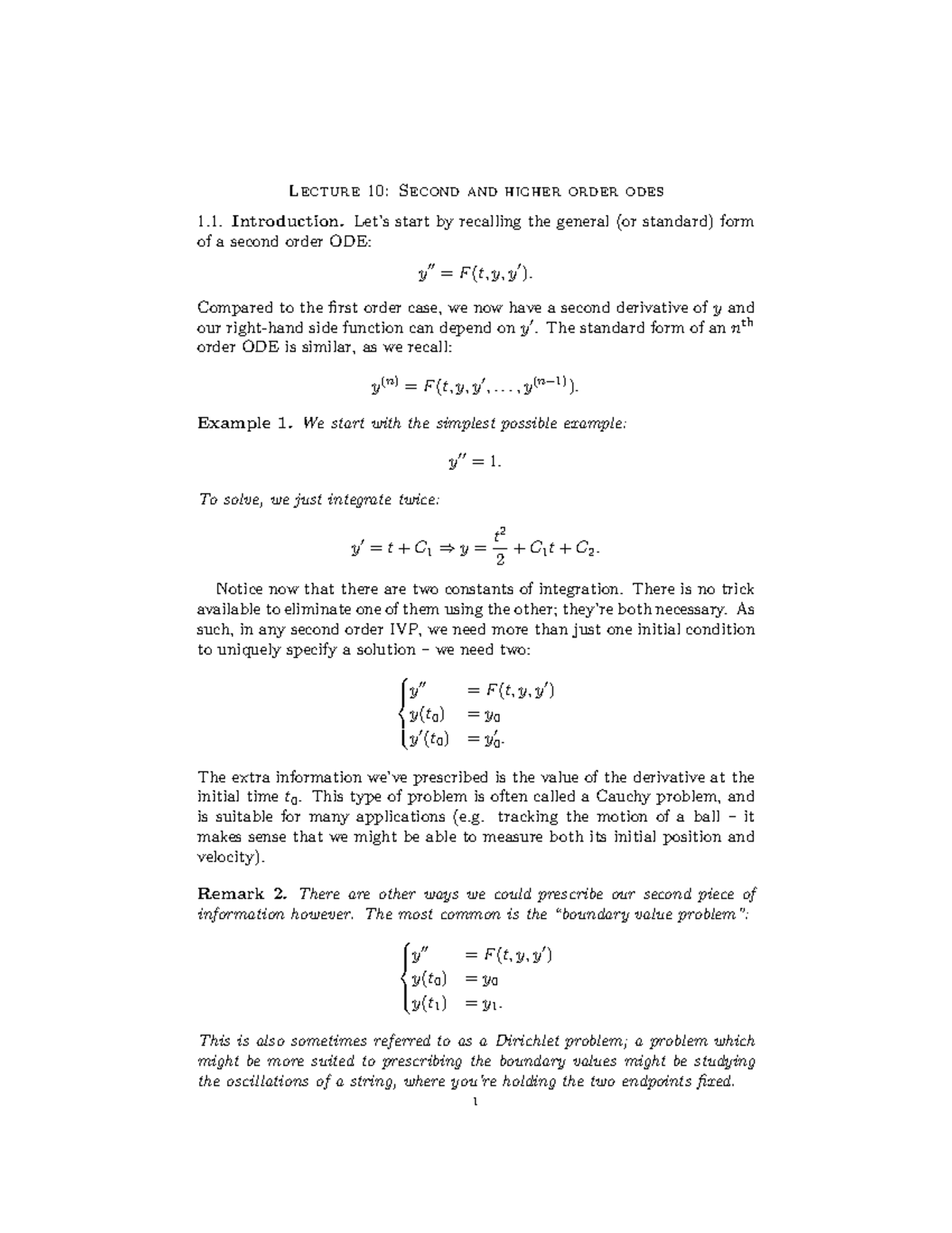 Lecture 10: Second and Higher Order ODEs - Week 4 Notes (Fanjun Meng ...