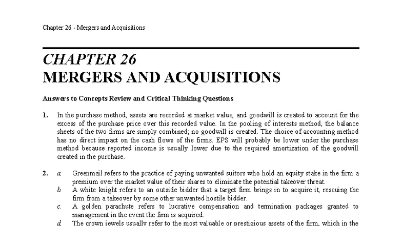 Chapter 26 Mergers and Acquisitions: Practice Questions and Answers ...