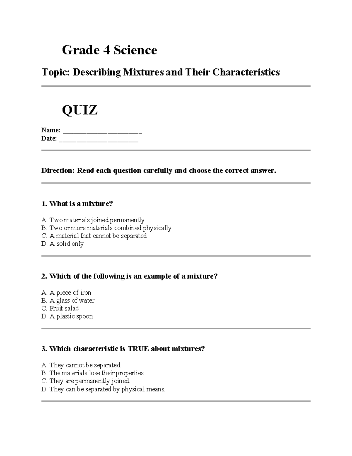 Grade 4 Science QUIZ: Understanding Mixtures and Their Properties - Studocu