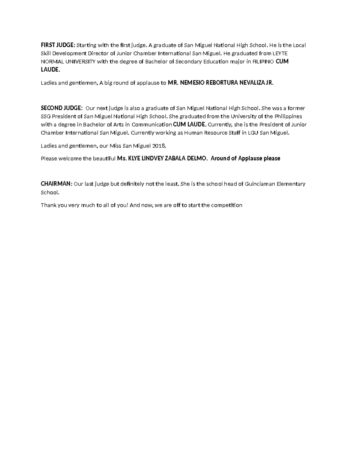 Judges' Profiles for Miss San Miguel 2018 Competition - Studocu