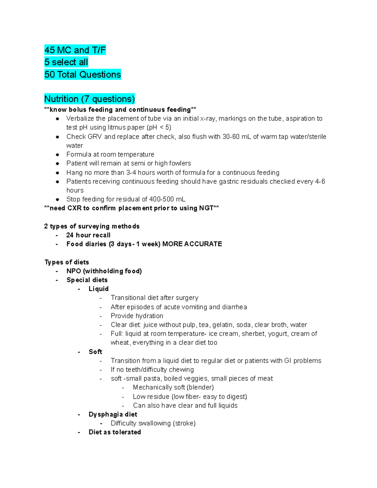 Fundamentals Exam 3 - notes - 45 MC and T/F 5 select all 50 Total ...