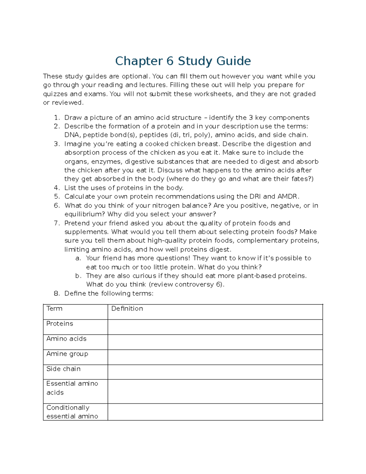Nutrition Exam #2: Chapter 6 Study Guide on Proteins and Amino Acids - Studocu
