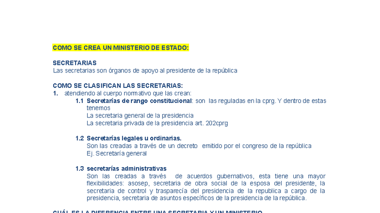 COMO SE CREA UN MINISTERIO DE ESTADO: SECRETARÍAS Y DIFERENCIAS - Studocu