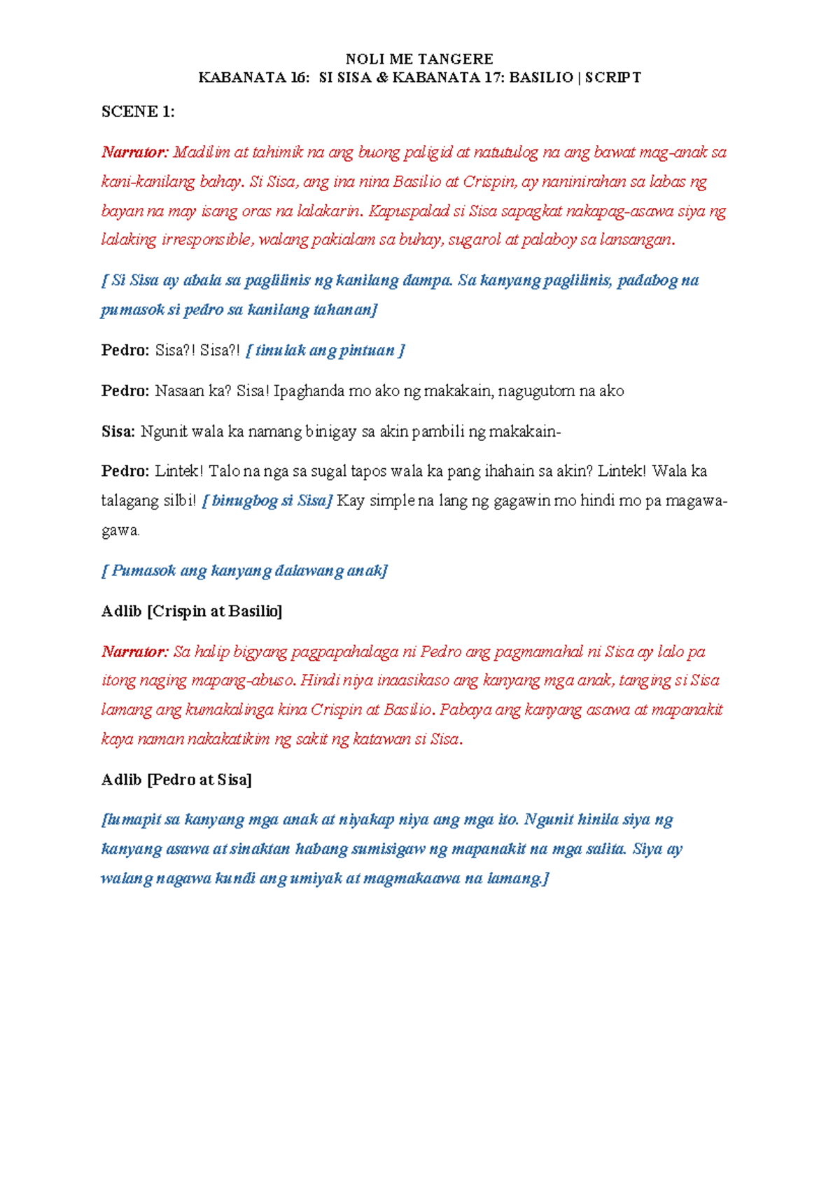 Kabanata 16 & 17: Si Sisa at Basilio | Script ng Noli Me Tangere - Studocu
