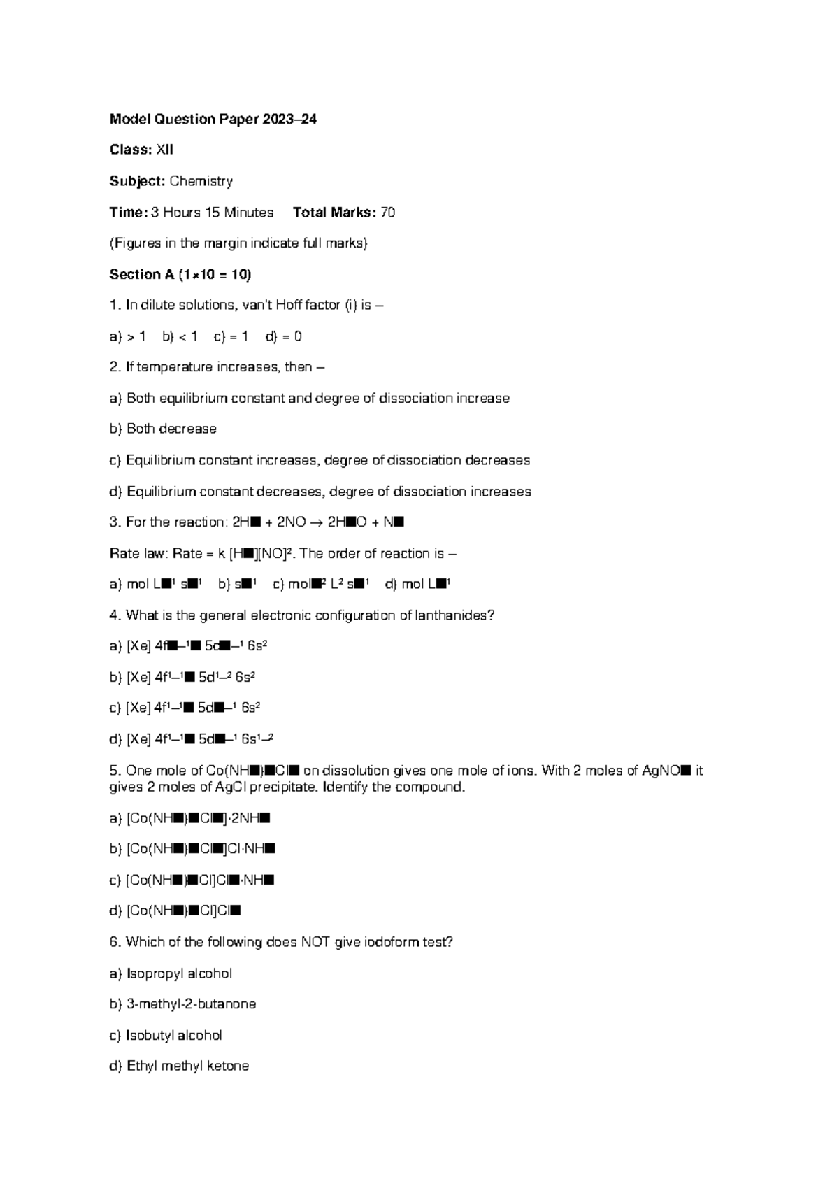Model Question Paper: Class XII Chemistry (3 Hours, 70 Marks) - Studocu