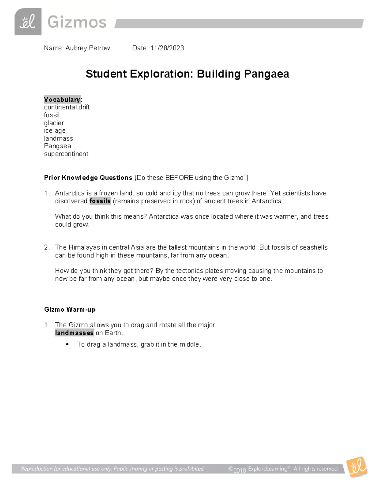 Lesson 33 - Exploring Pangaea: Gizmo Activity Insights - Studocu