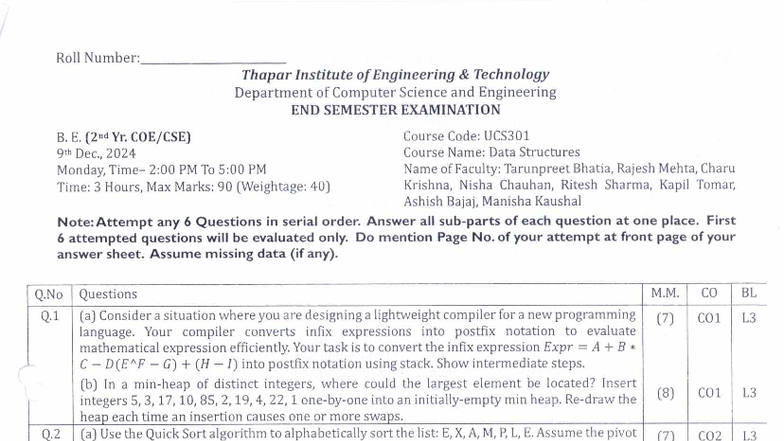 UCS301 - Data Structures End Semester Exam Preparation Notes - Studocu