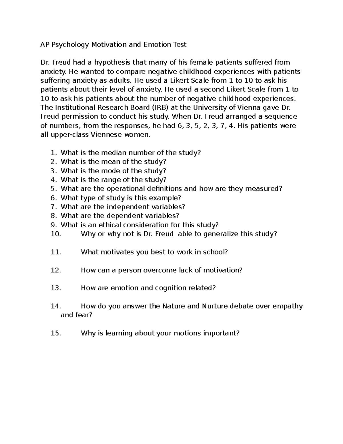 AP Psychology Motivation & Emotion Test B-1: Freud's Anxiety Study ...
