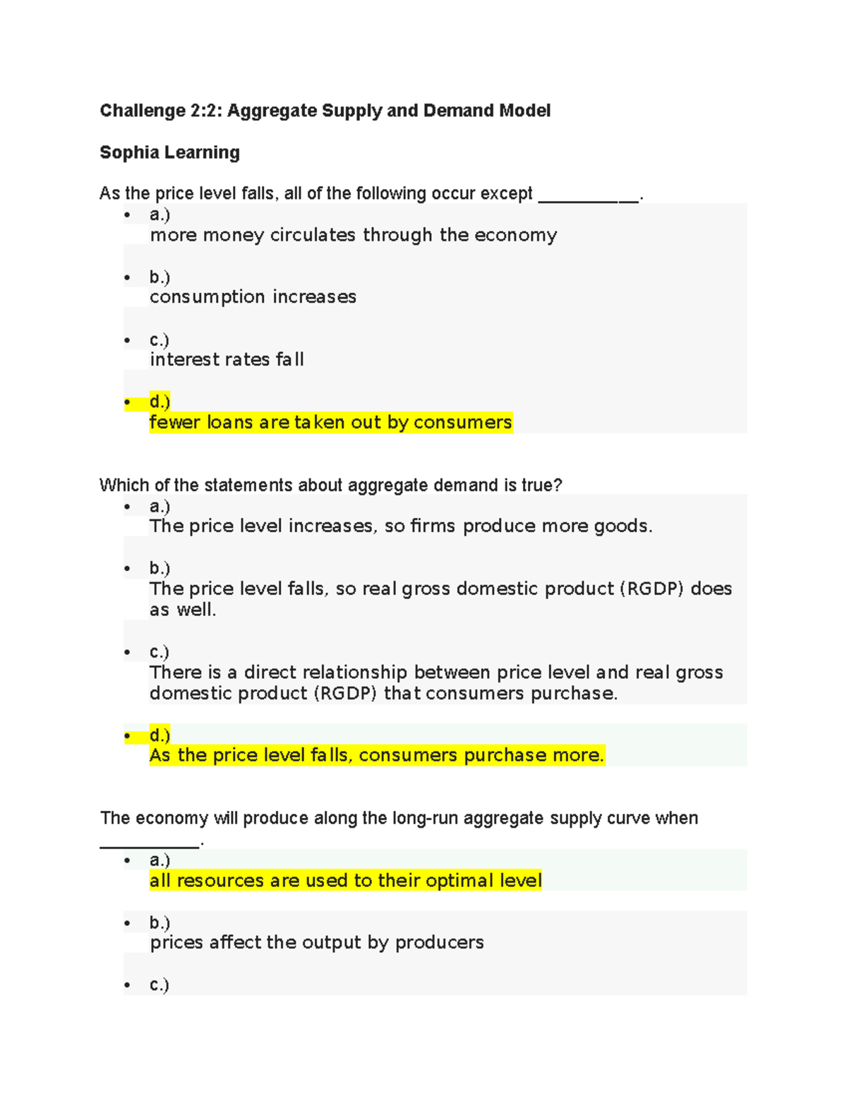 Challenge 2: Aggregate Supply and Demand Concepts Review - Studocu