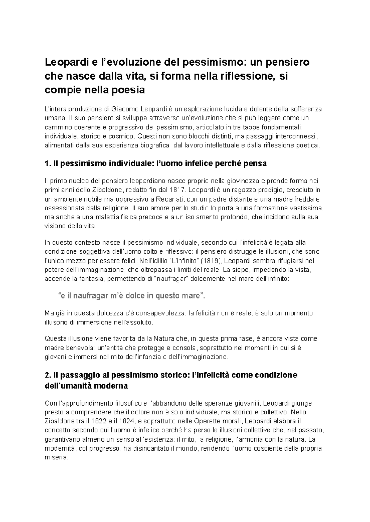 Giacomo Leopardi: Pessimismo e Sofferenza nella Sua Poesia - Studocu