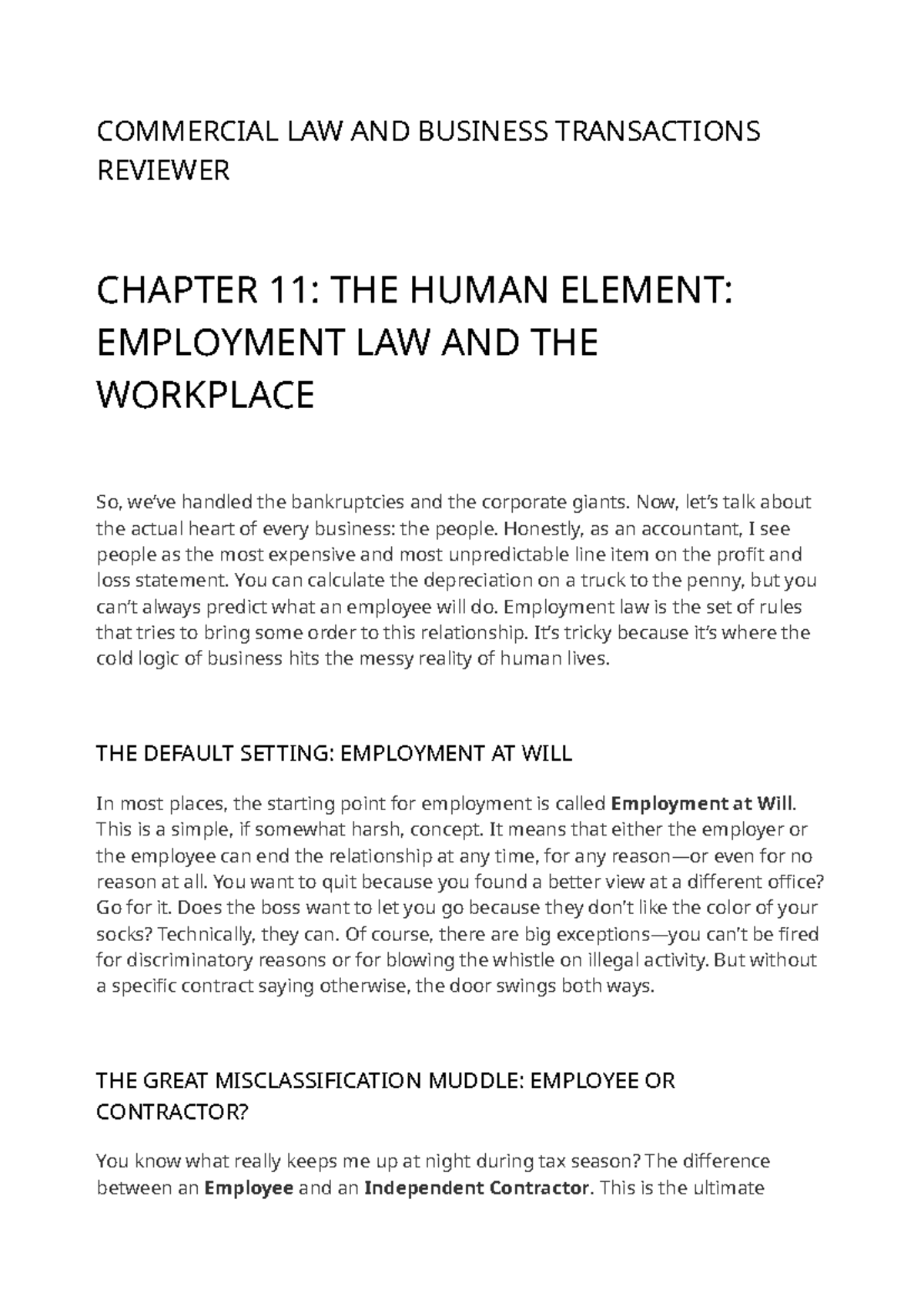 COMMERCIAL LAW AND BUSINESS TRANSACTIONS REVIEWER: CH 11 EMPLOYMENT LAW ...