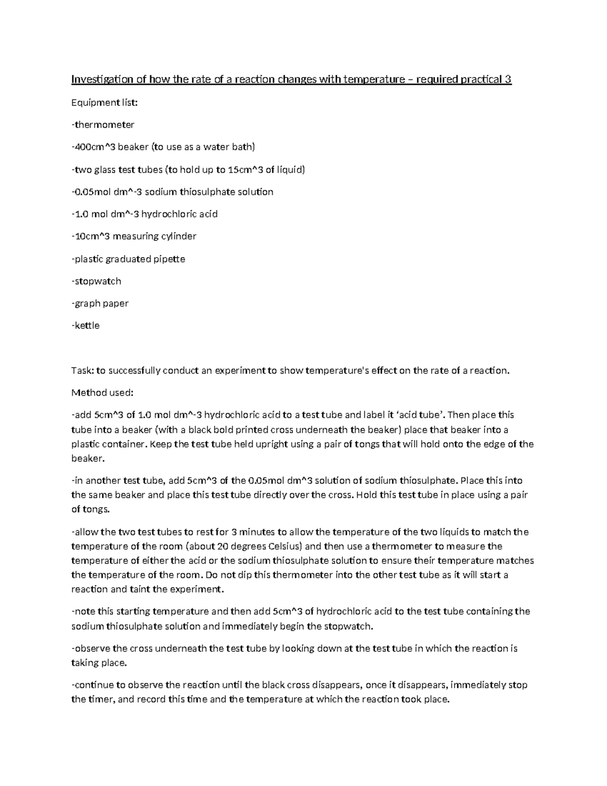 Investigation of Reaction Rate Changes with Temp - Practical 3 - Studocu
