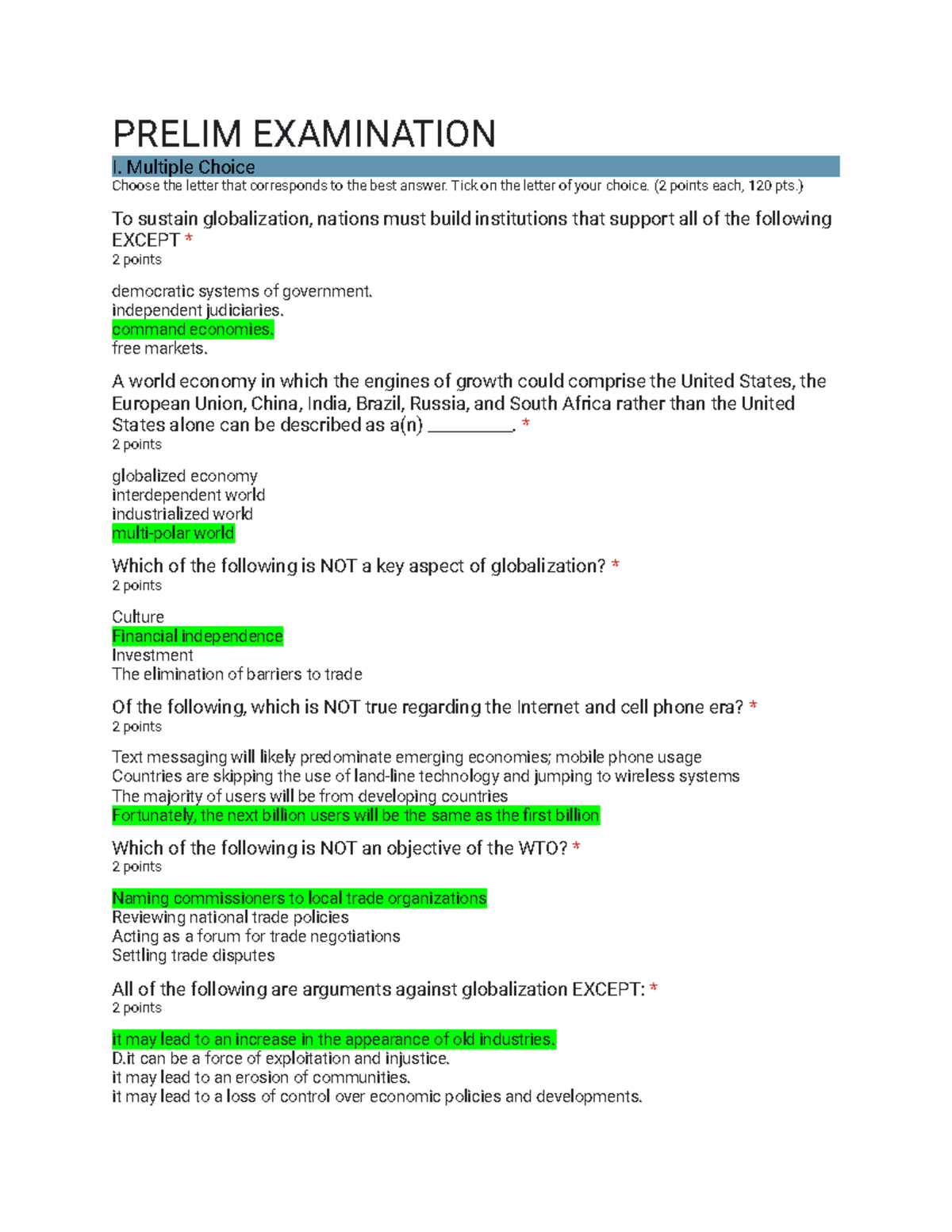 BACC Prelim Examination - PRELIM EXAMINATION I. Multiple Choice Choose ...