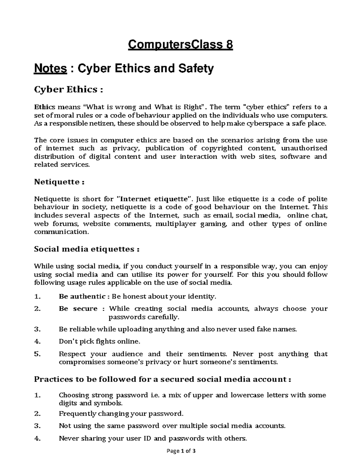 Class 8 Computers: Cyber Ethics & Safety Notes - Studocu