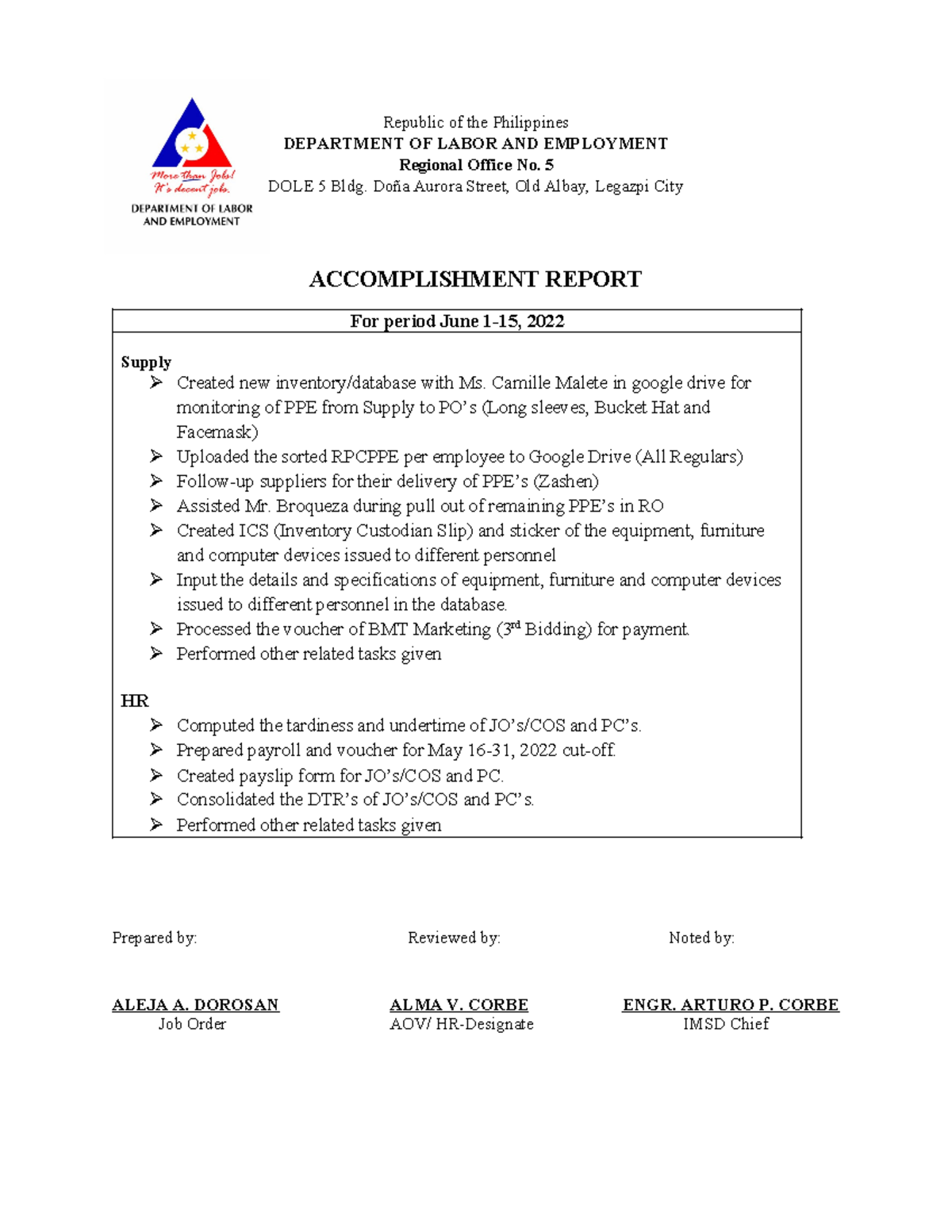 Accomplishment Report for DOLE Regional Office No. 5 (Jun 1-15, 2022 ...