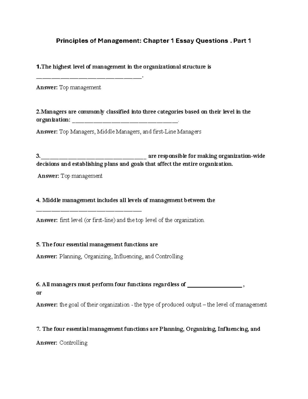 Principles of Management (MGT101): Chapter 1 Essay Questions - Studocu